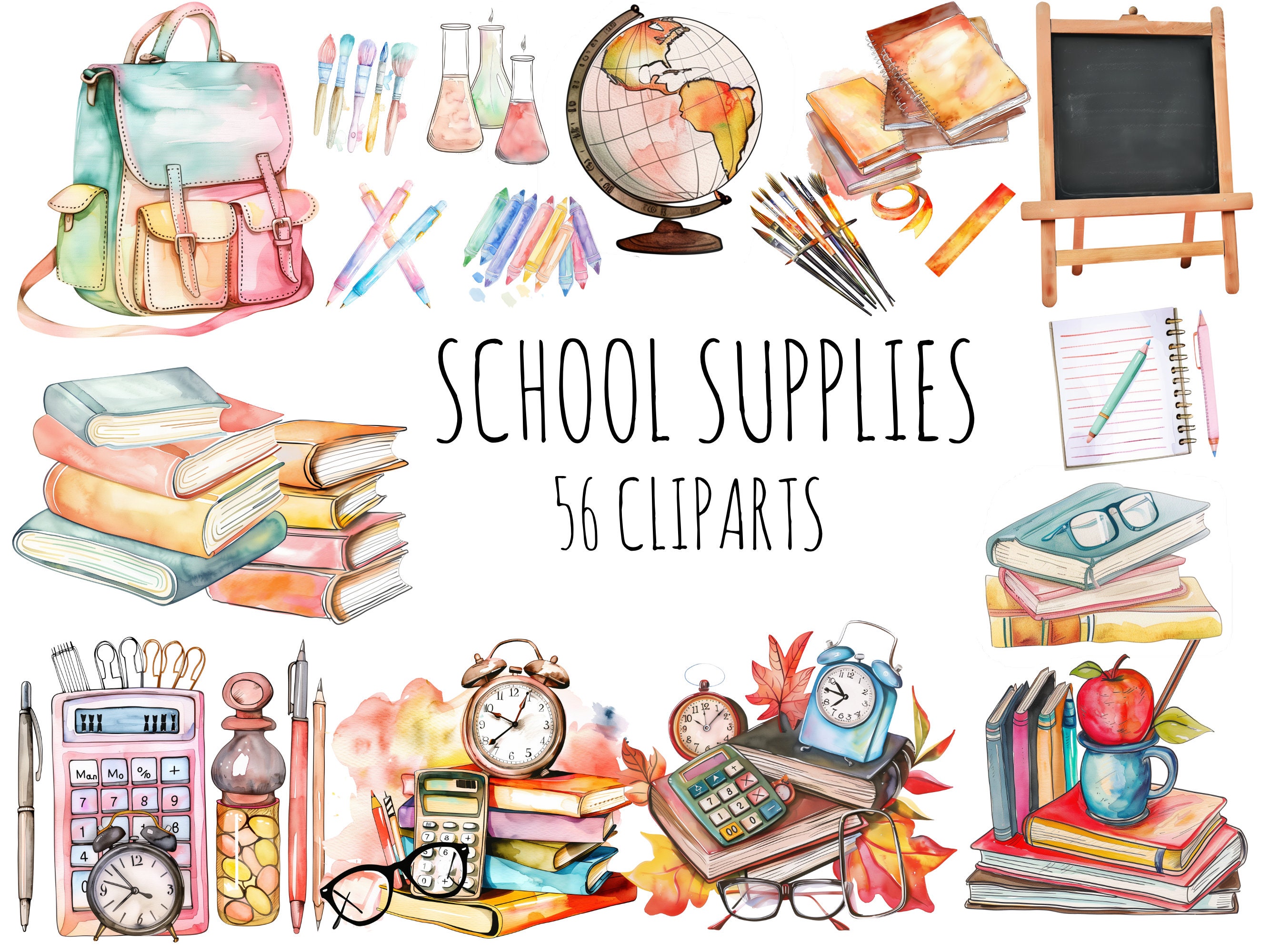 School Supplies Clipart, Watercolor Pngs, Instant Download, Classroom ...