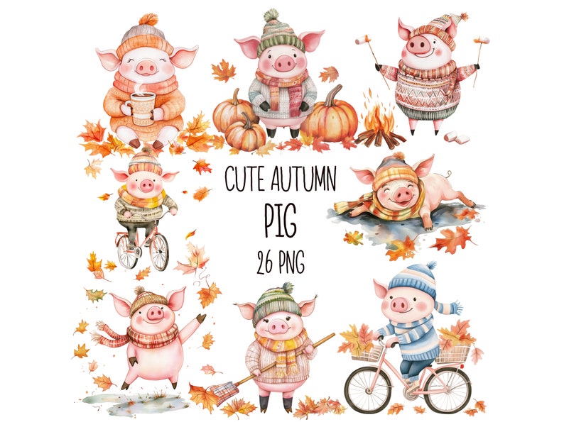 Cute Autumn Pig Pumpkins Clipart, Watercolor PNG, Digital Download ...
