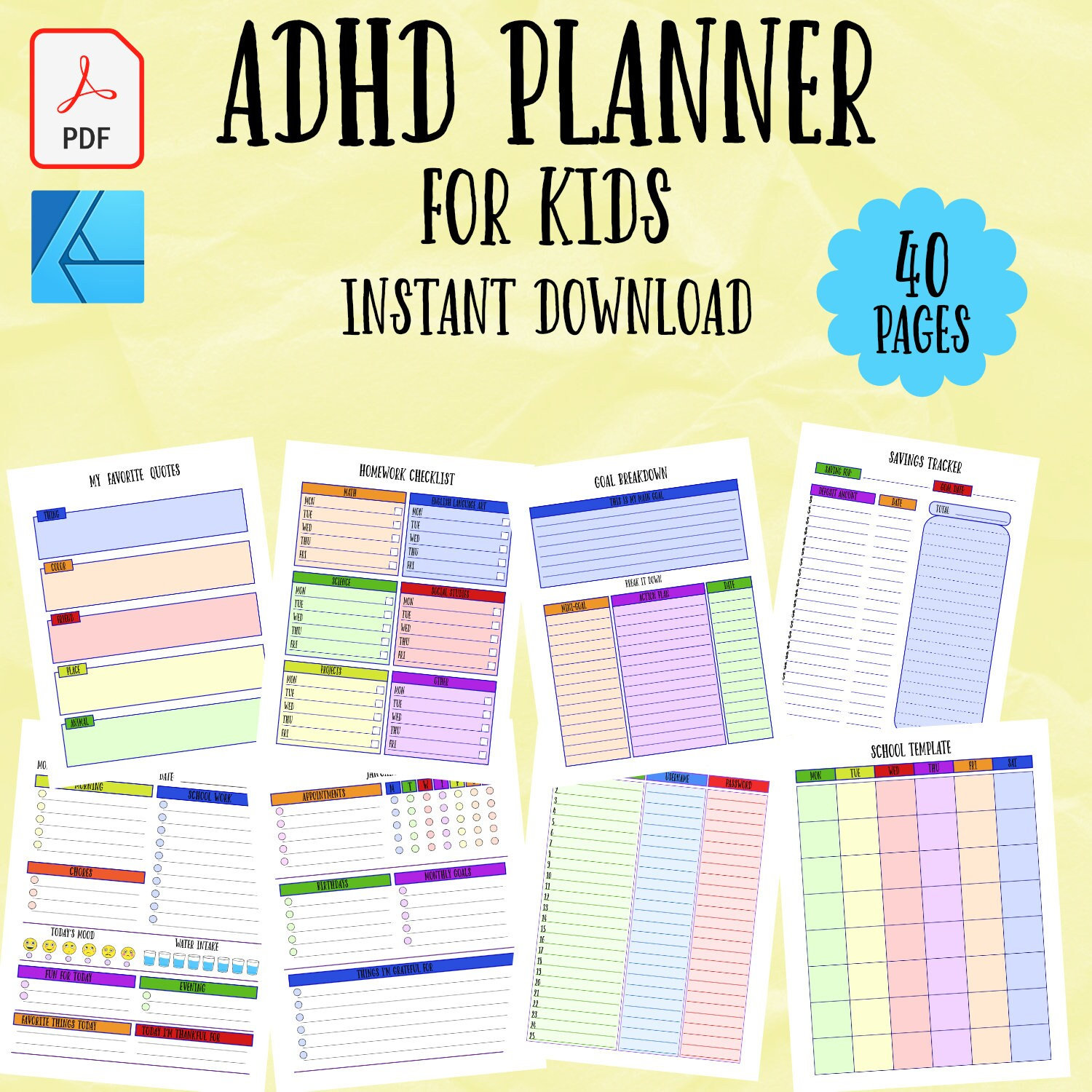 ADHD Planner for Kids | Printable PDF | Instant Download | School Daily ...