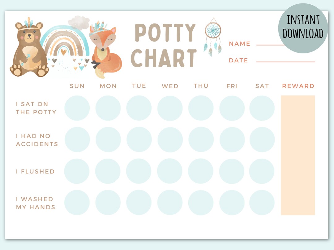 Potty Chart Printable Boho Rainbow Woodland Animals | Potty Training ...