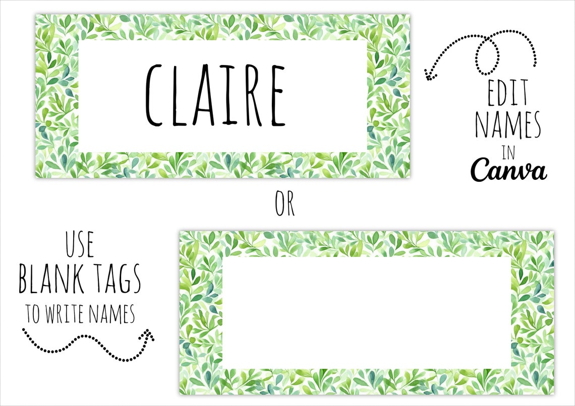 Classroom Name Tags Template Greenery Botanical Leafy Editable ...