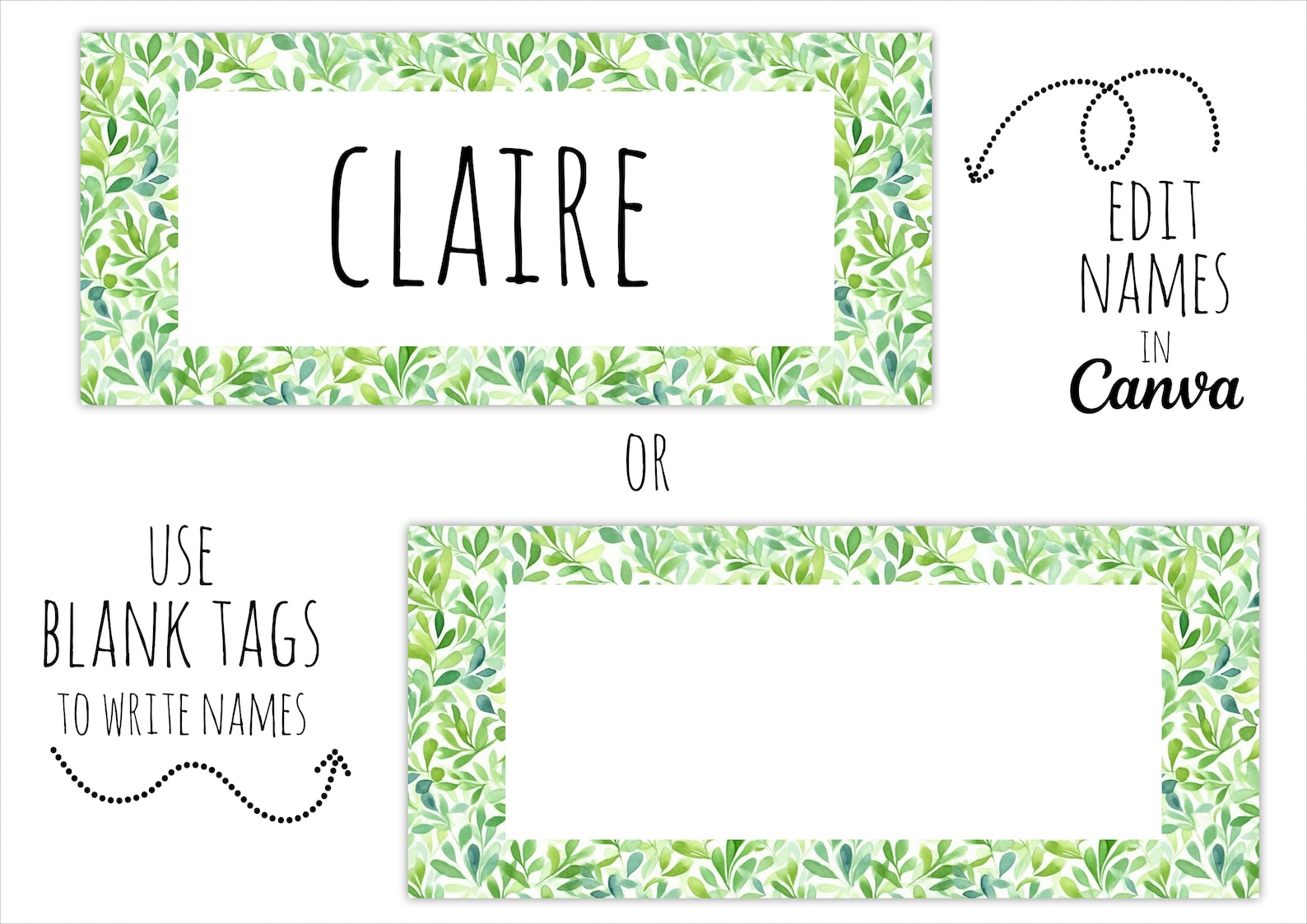 Classroom Name Tags Template Greenery Botanical Leafy Editable ...