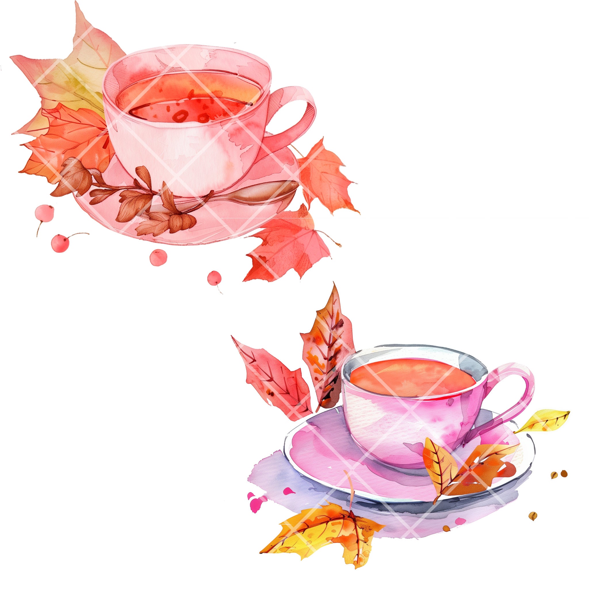 Cute Pink Autumn Clipart, Watercolor PNG, Instant Download, Fall ...