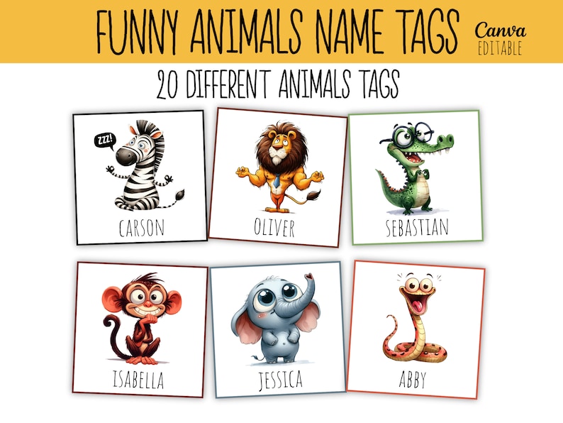Funny Animals Name Tags Template Classroom Editable Printable Classroom ...