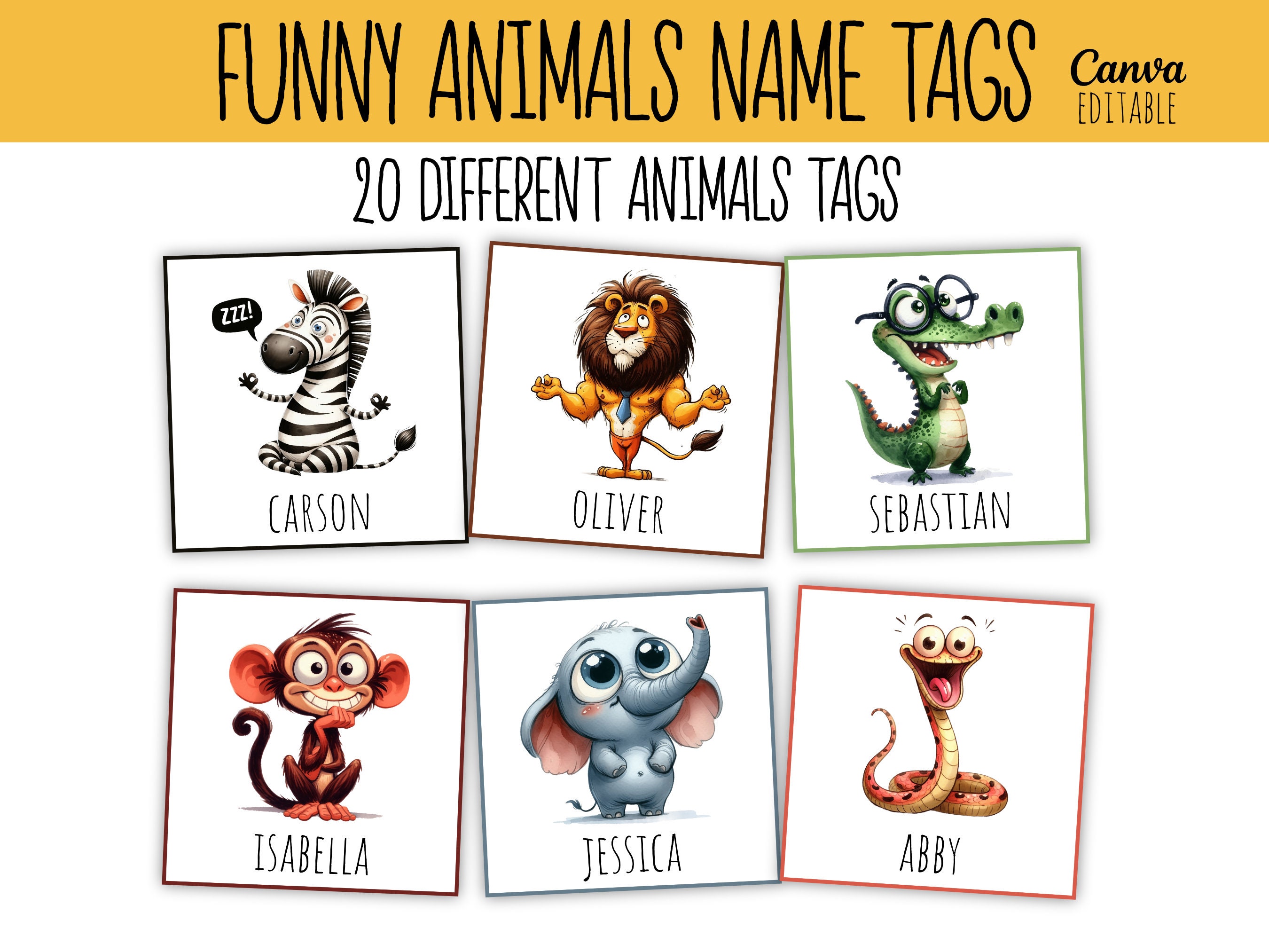 Funny Animals Name Tags Template Classroom Editable | Printable ...