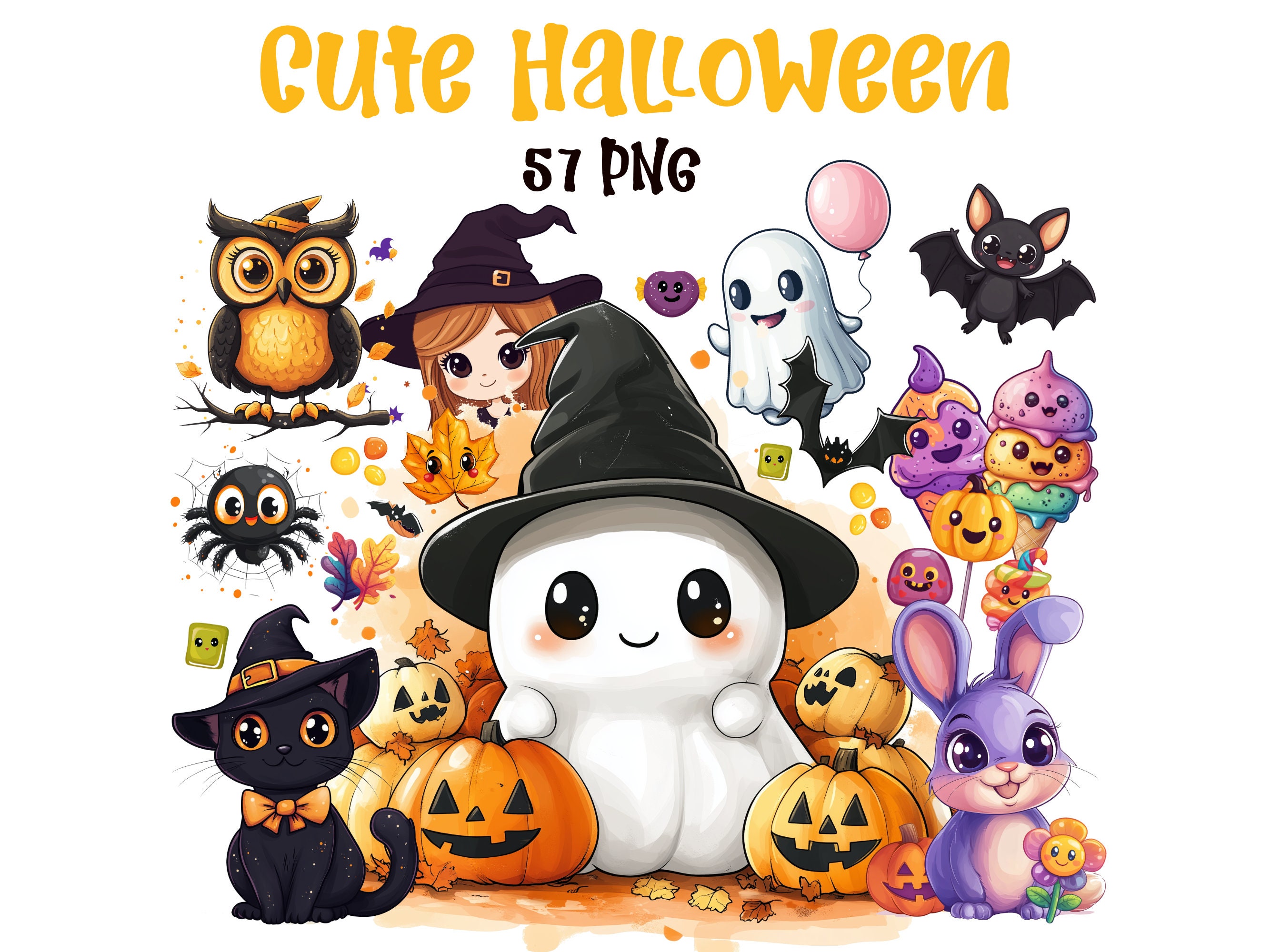 Cute Halloween Kawaii Cartoon Clipart, PNG, Digital Download, Funny ...