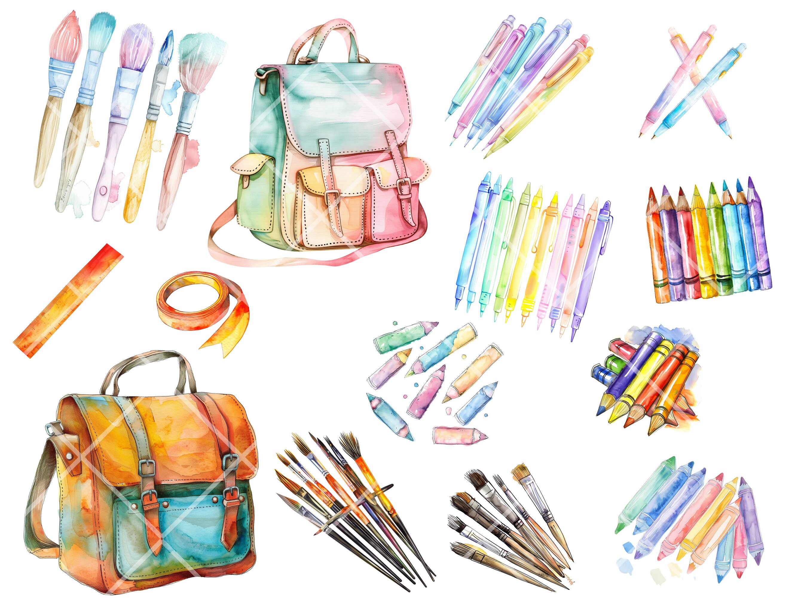 School Supplies Clipart, Watercolor Pngs, Instant Download, Classroom ...