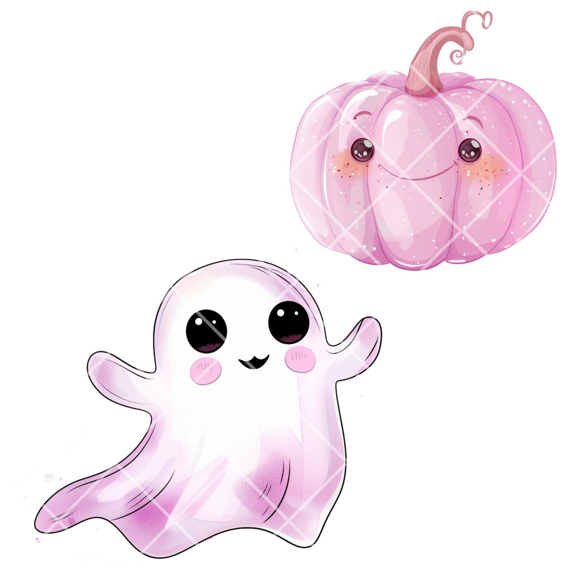 Cute Pink Autumn Ghosts Pumpkins Clipart, Watercolor PNG, Digital ...