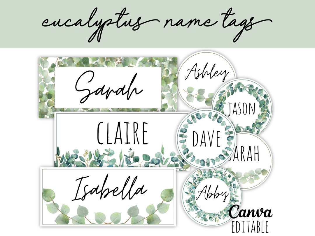 Classroom Name Tags Template Eucalyptus Greenery Botanical Editable ...