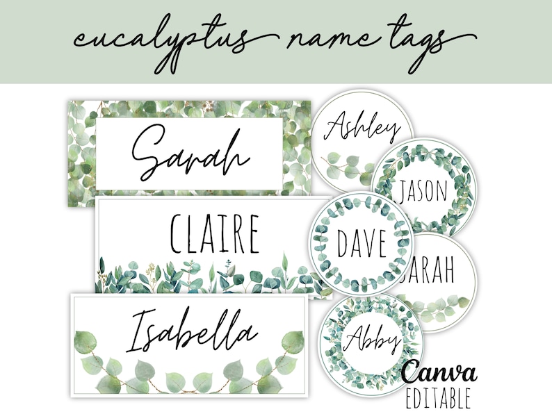 Classroom Name Tags Template Eucalyptus Greenery Botanical Editable ...