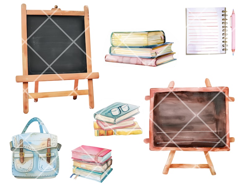 School Supplies Clipart, Watercolor Pngs, Instant Download, Classroom ...