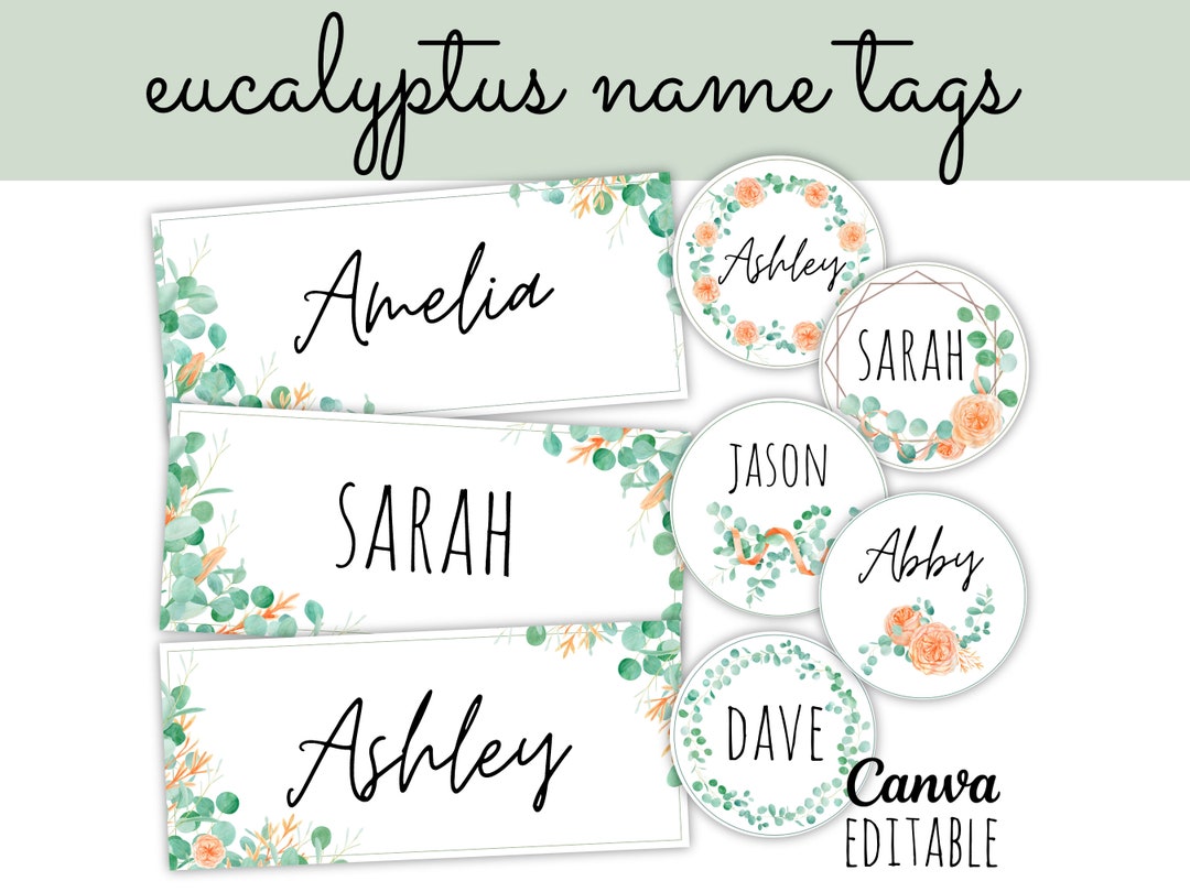 Classroom Name Tags Template Eucalyptus Peach Greenery Botanical ...