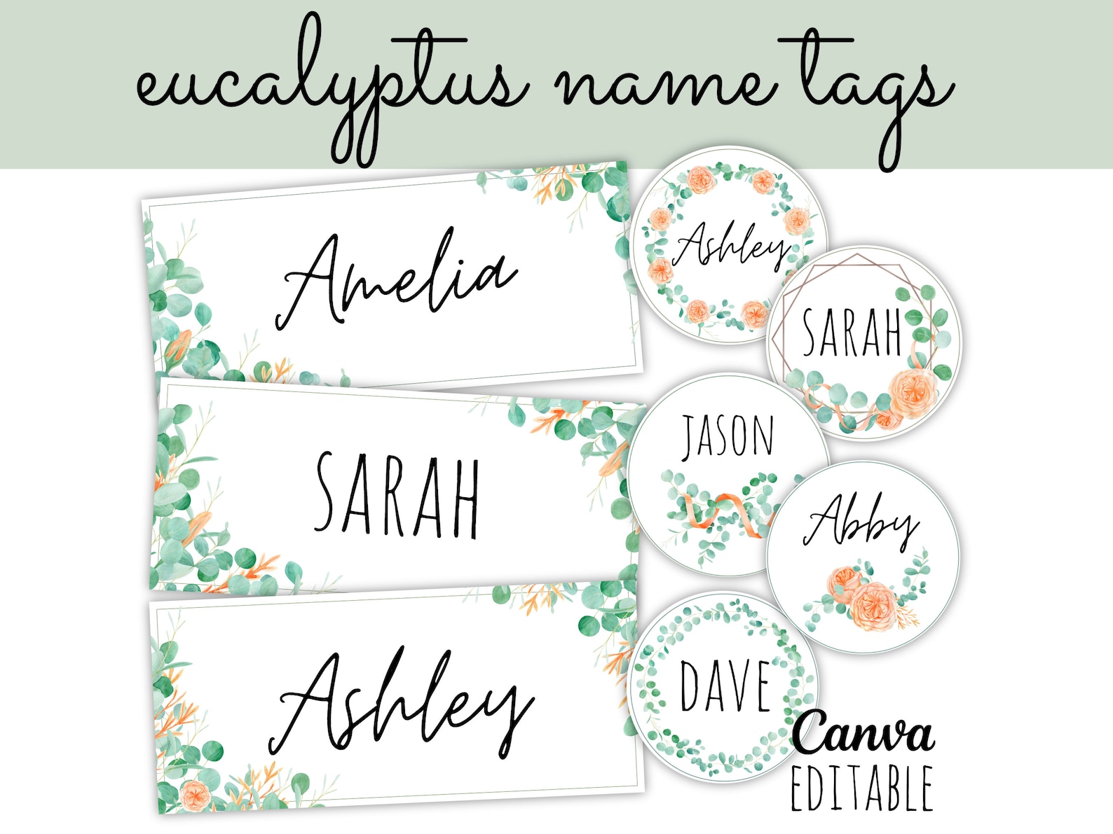 Classroom Name Tags Template Eucalyptus Peach Greenery Botanical ...