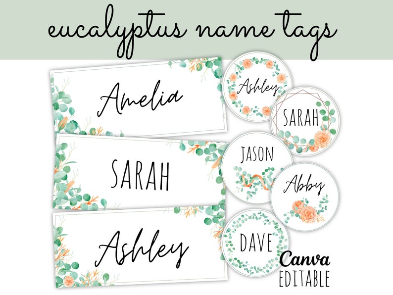 Classroom Name Tags Template Eucalyptus Peach Greenery Botanical ...