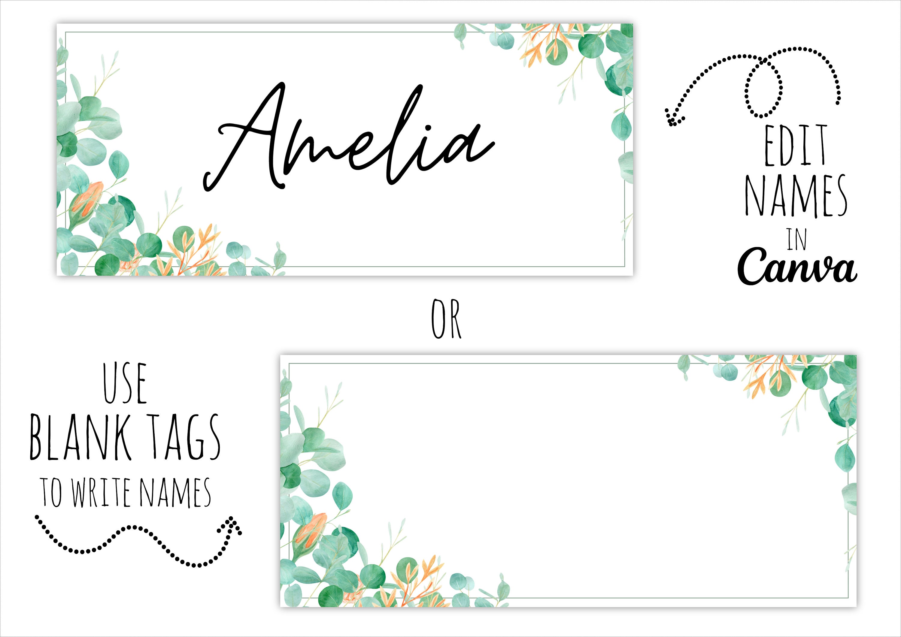 Classroom Name Tags Template Eucalyptus Peach Greenery Botanical ...