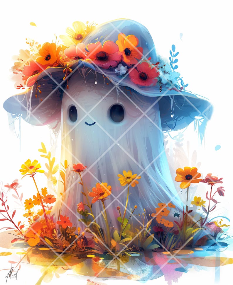 Cute Floral Ghost Halloween Clipart, Digital JPG Halloween Illustration ...