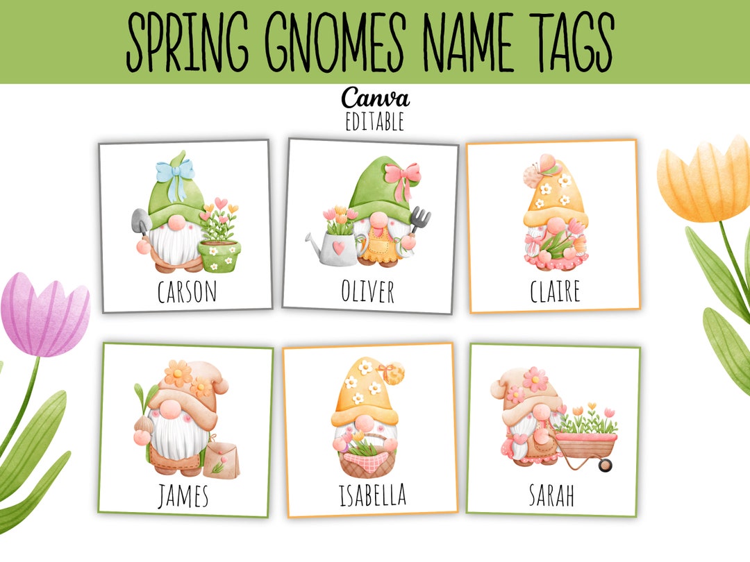 Spring Gnomes Name Tags Template Classroom Editable | Printable ...
