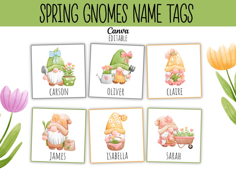 Spring Gnomes Name Tags Template Classroom Editable | Printable ...