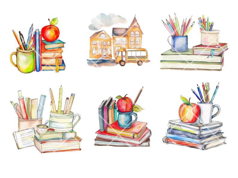 School Supplies Clipart, Watercolor Pngs, Instant Download, Classroom ...
