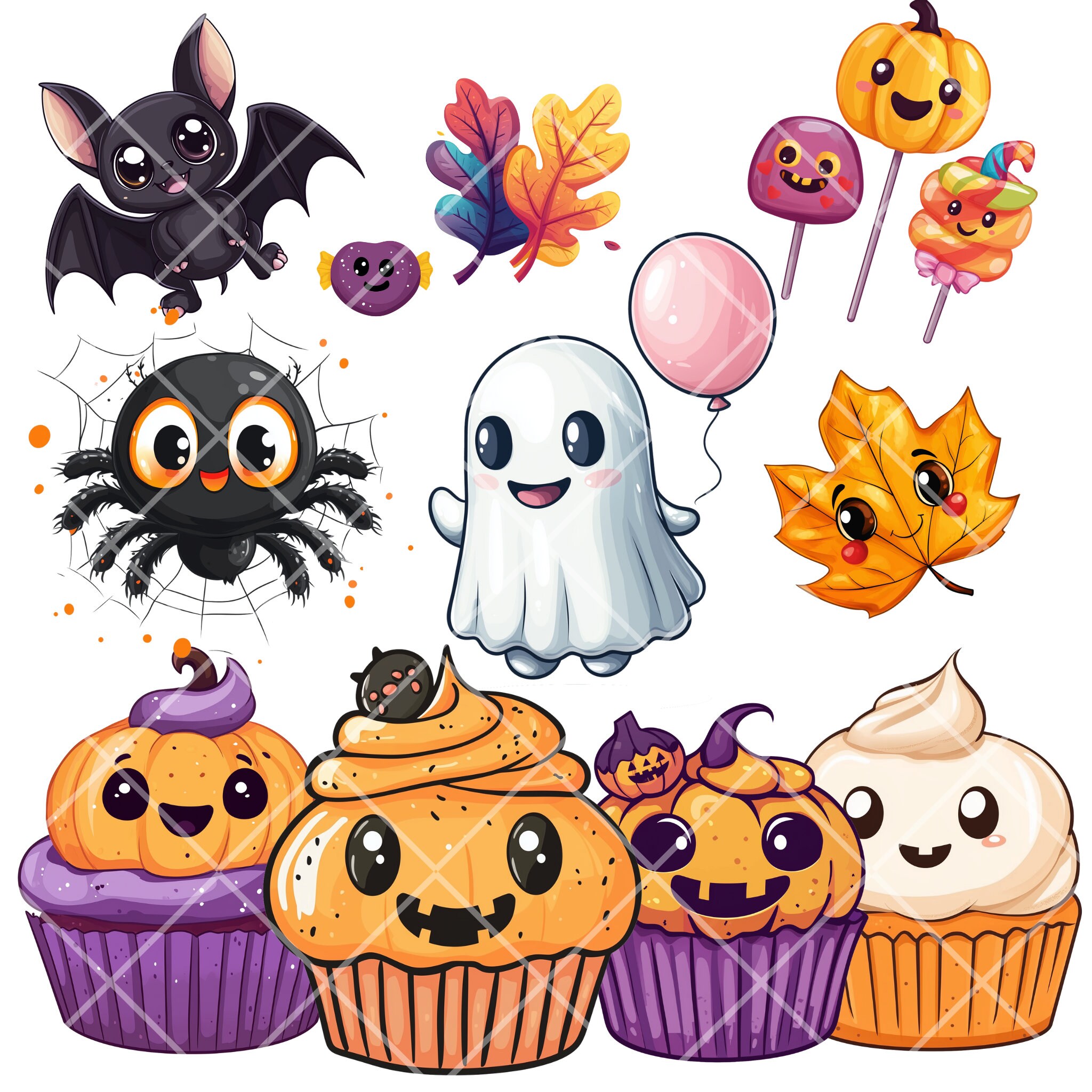 Cute Halloween Kawaii Cartoon Clipart, PNG, Digital Download, Funny ...