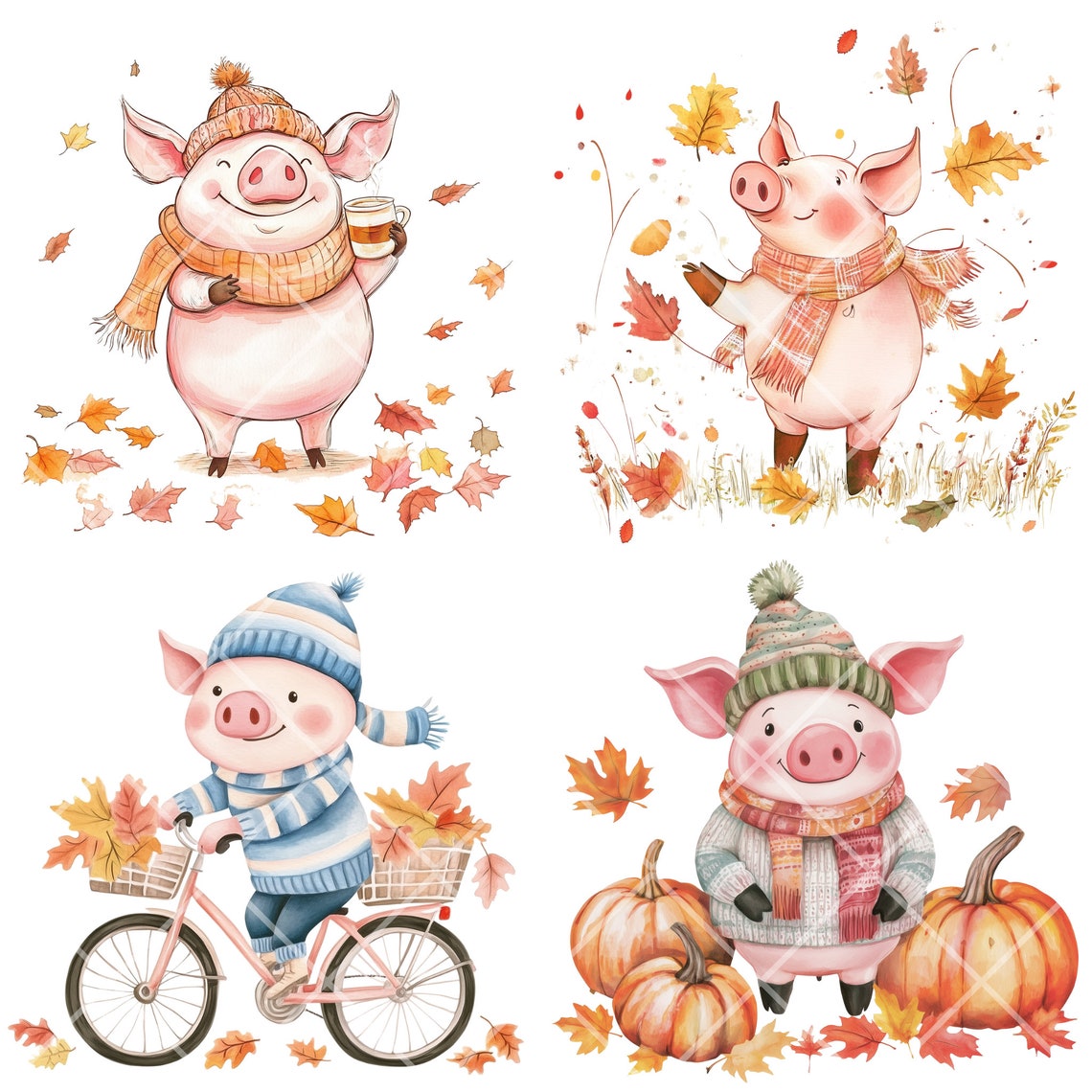 Cute Autumn Pig Pumpkins Clipart, Watercolor PNG, Digital Download ...