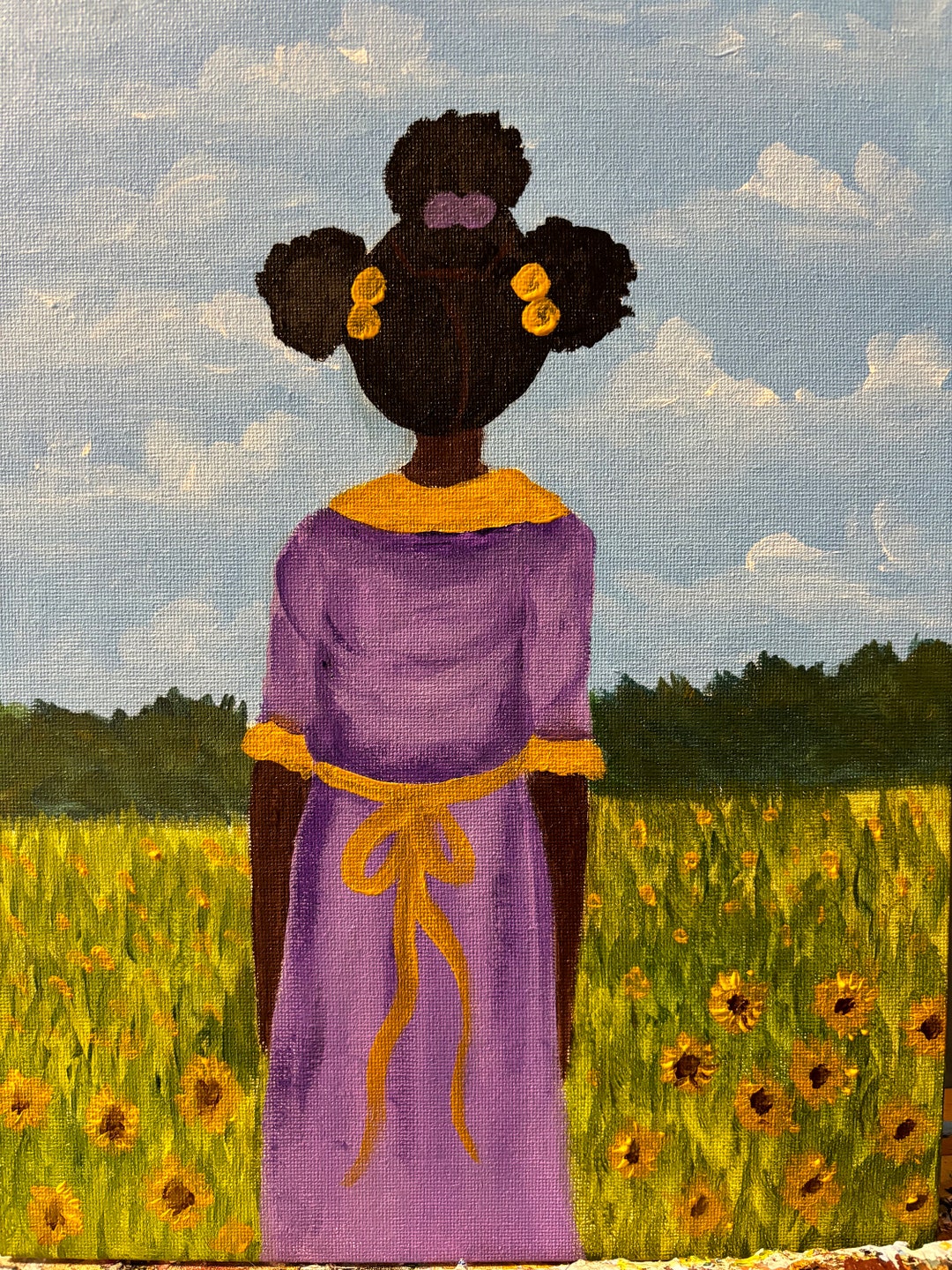 African American Girl Hair Series field of Yellow Flowers Gullah Art ...