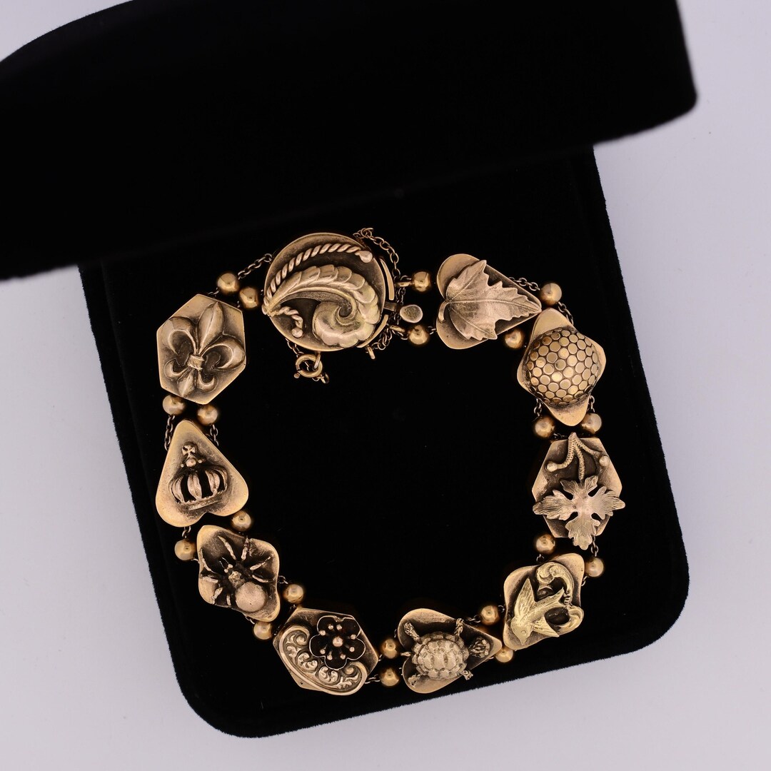 Antique Slide Charm Bracelet W Plant Animal Nature Theme Charms 14k ...