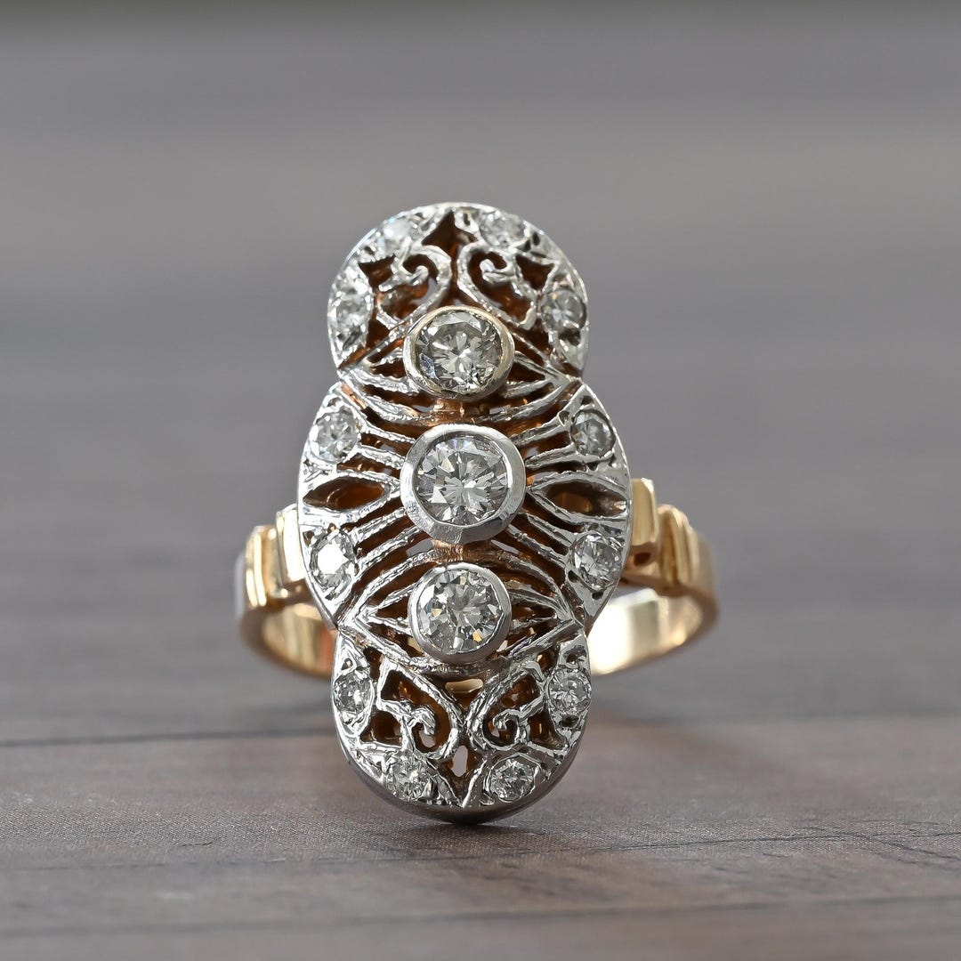 Art Deco Inspired Diamond Filigree Shield Cocktail Ring in 14k Gold - Etsy