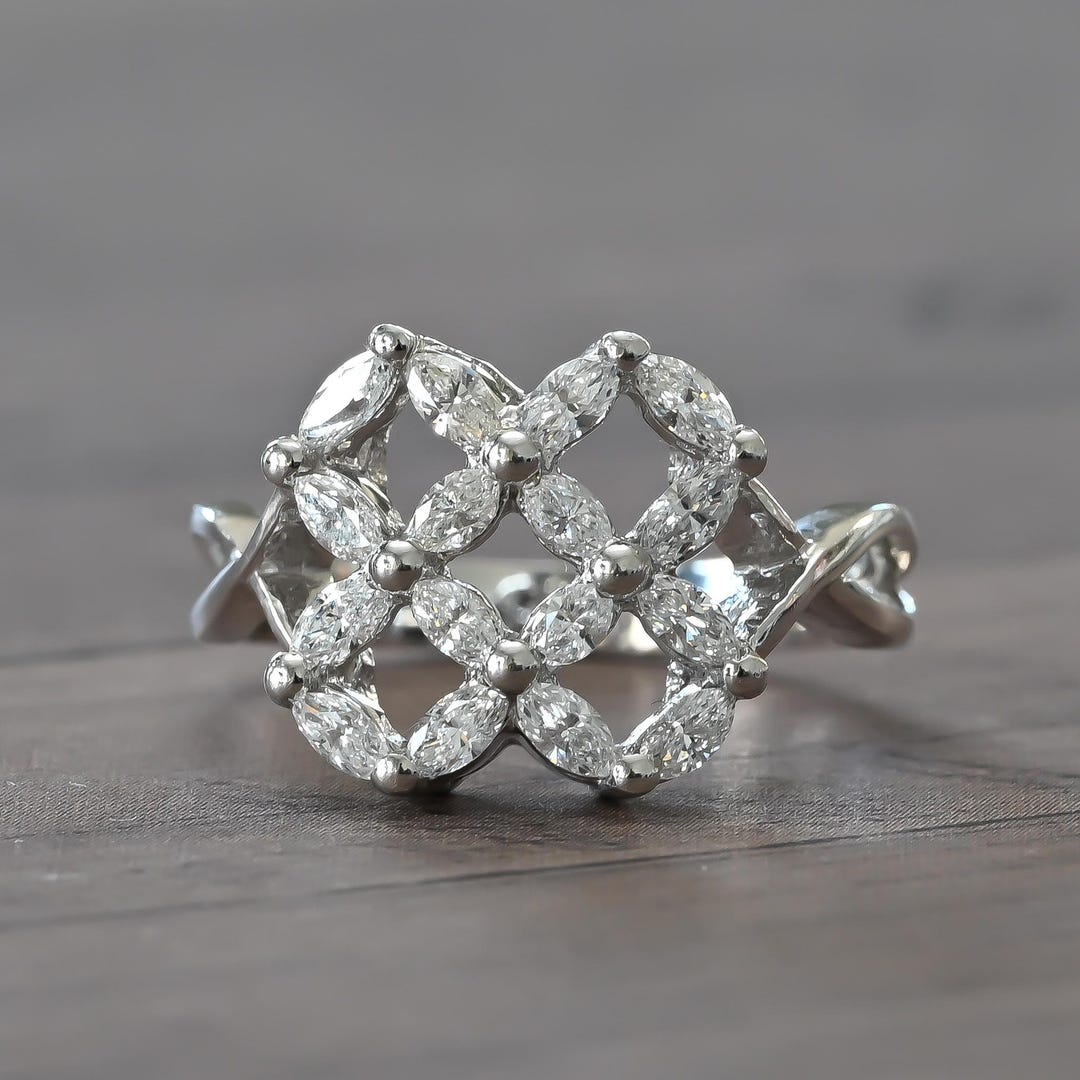 Marquise Cut Diamond Checker Pattern 18k White Gold Ring - Etsy