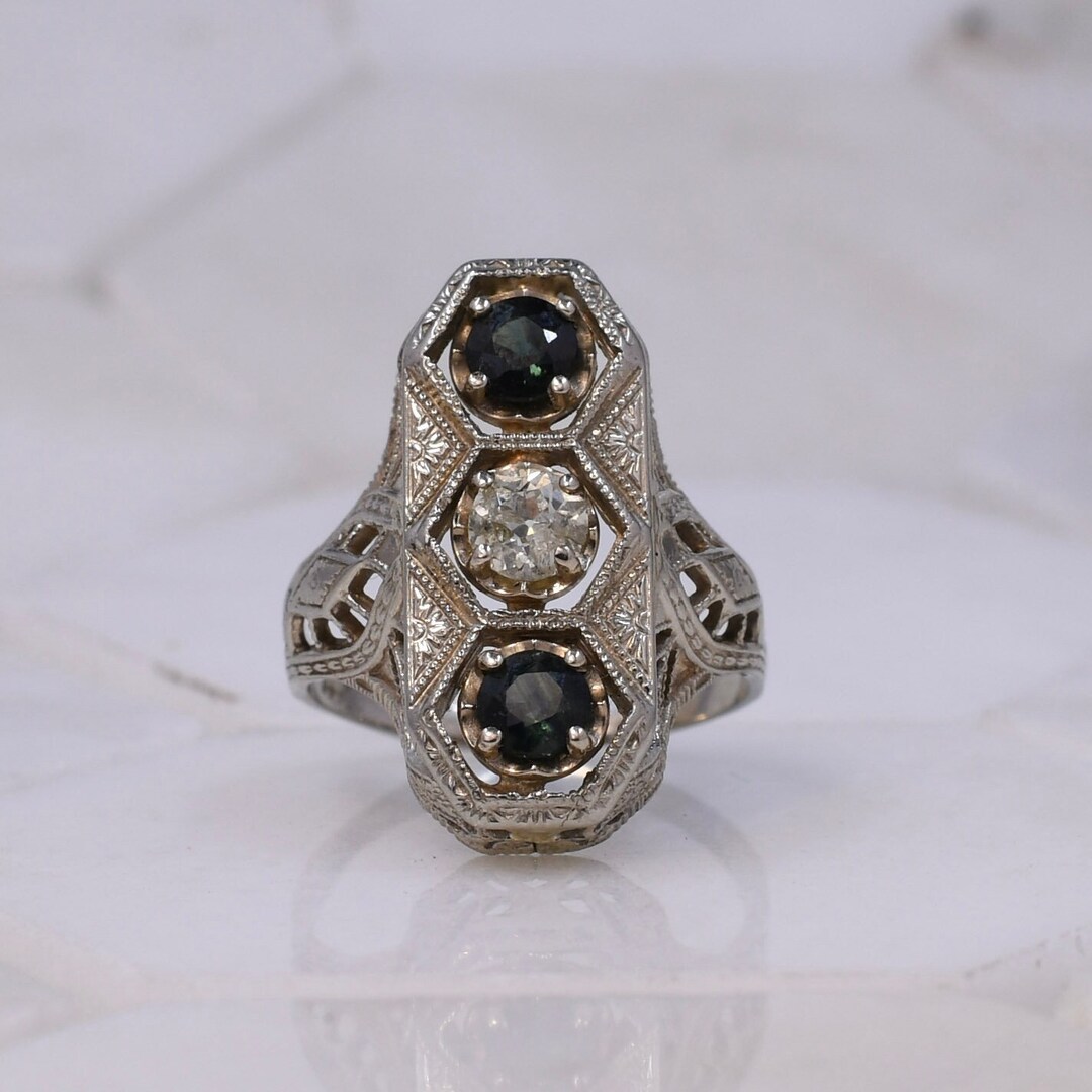 Circa 1920's Art Deco 3 Stone Shield Ring W Peacock Parti-color ...