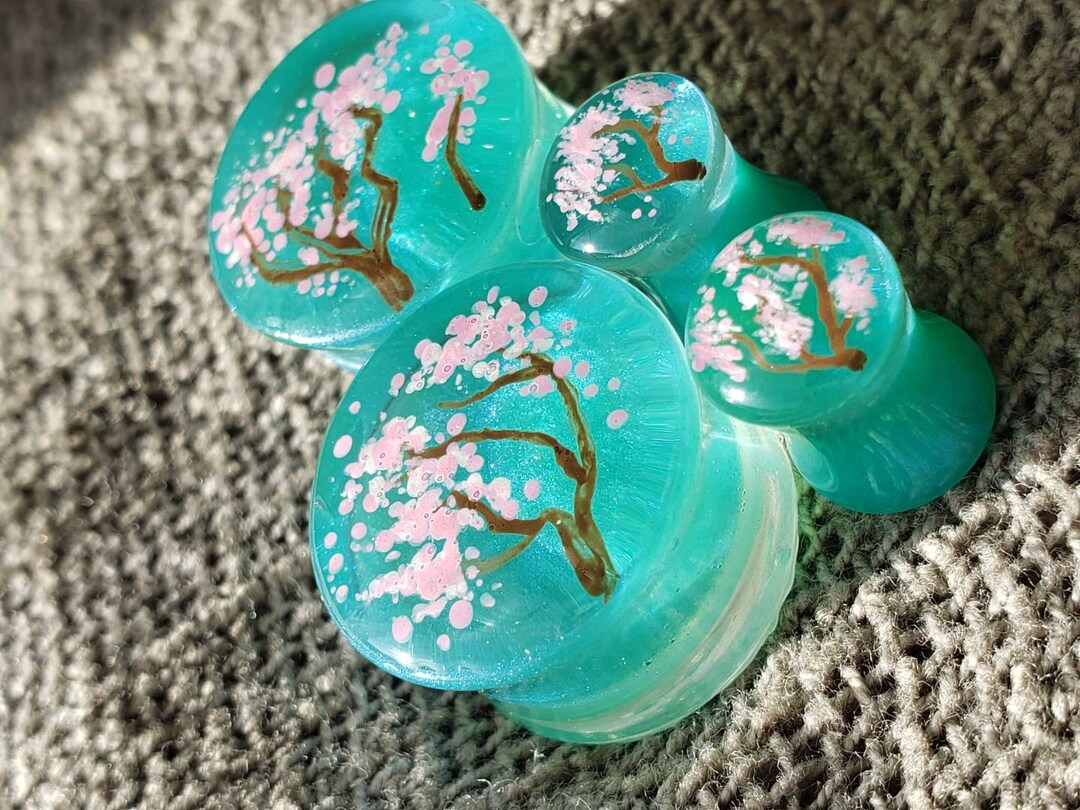 PAIR Cherry Blossom Plugs Gauges Plugs and Tunnels Acrylic Hand Paint ...
