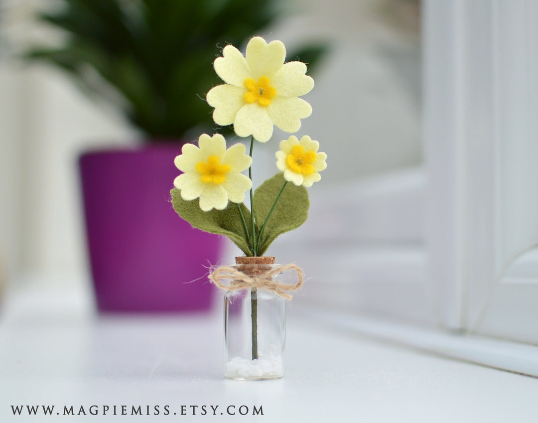 Yellow Primrose Felt Flower Gift: Handmade Flower in a Bottle, Mothers ...