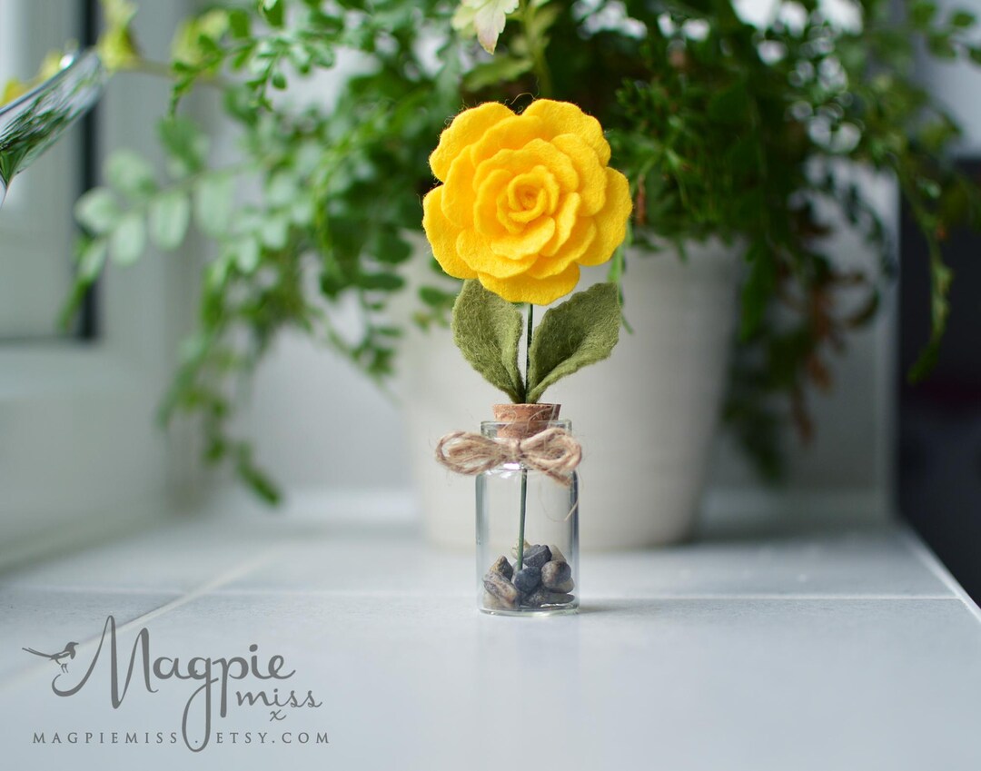 Yellow Rose Vase: Handmade Felt Flower Gift in a Bottle, Appreciation ...