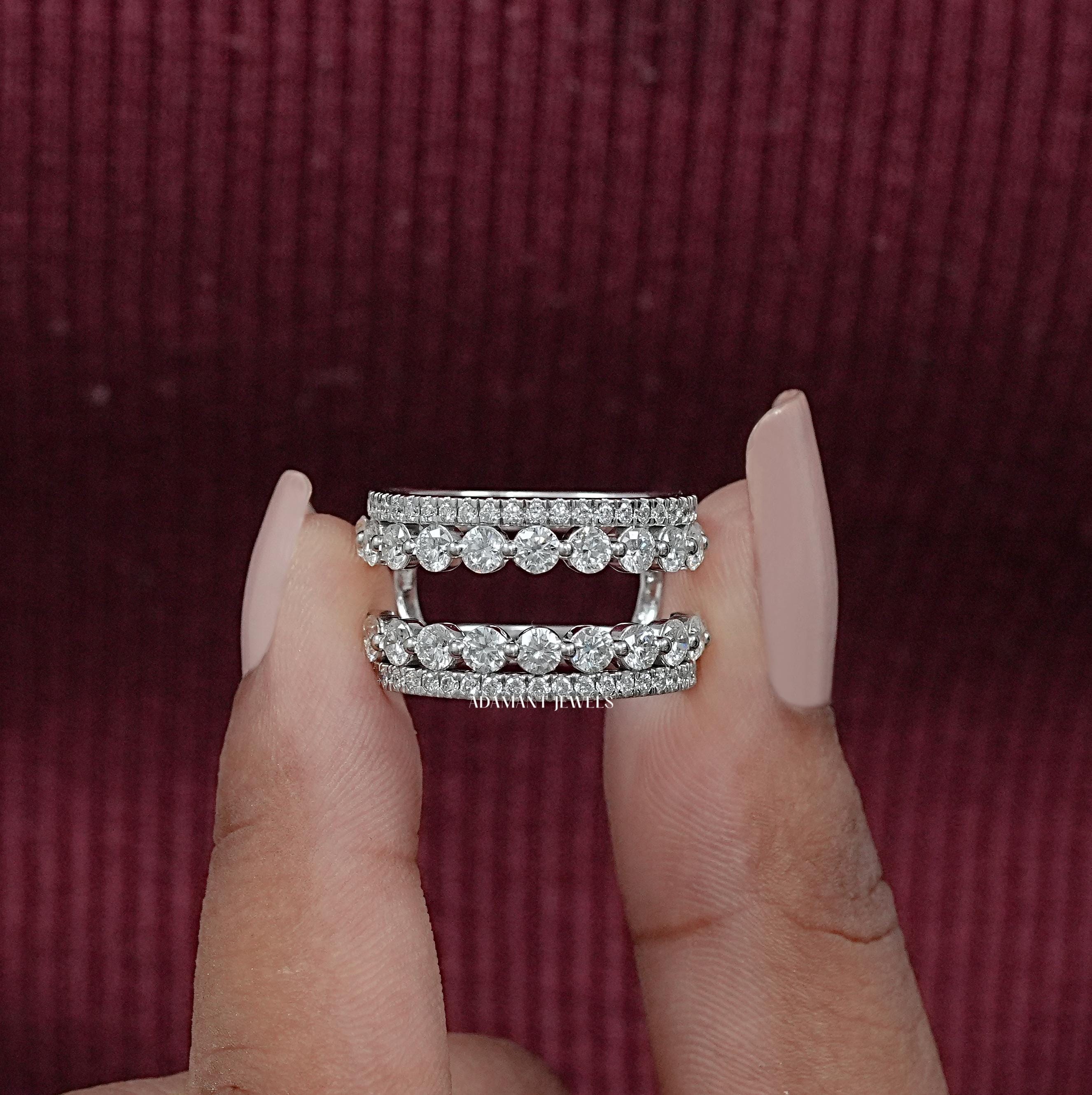 Round Cut Lab Grown Diamond Enhancer Band, 14K White Gold Double Row ...