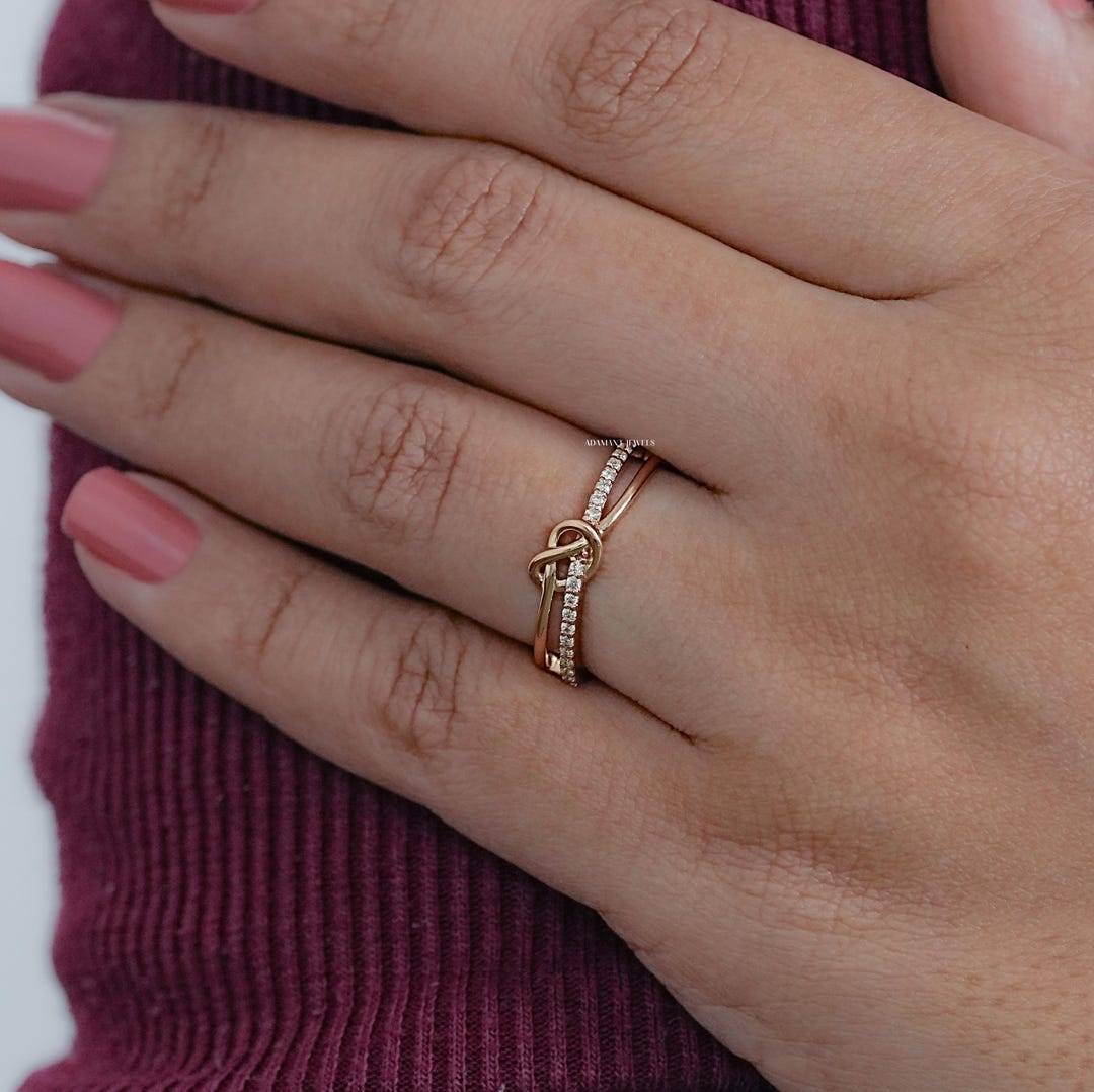 Round Cut Lab Grown Diamond Knot Ring, 18K Solid Gold Natural Diamond ...