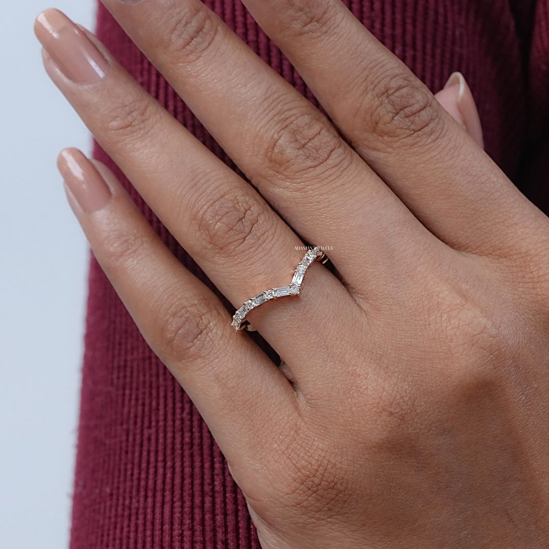 Baguette & Round Cut V Shaped Stacking Band, 14K Yellow Gold Lab ...