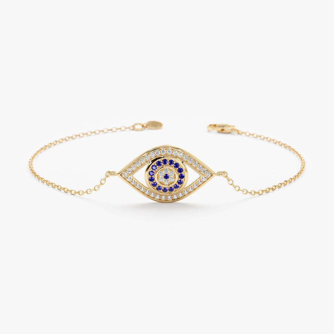 Diamond Evil Eye Gold Bracelet, 14k Gold Evil Eye Bracelet, Lucky Charm Bracelet, Gold Chain ...