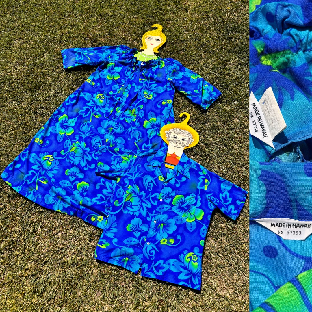 Vintage 60s/70s Set of 2 Made in Hawaii Blue and Green Groovy Floral ...