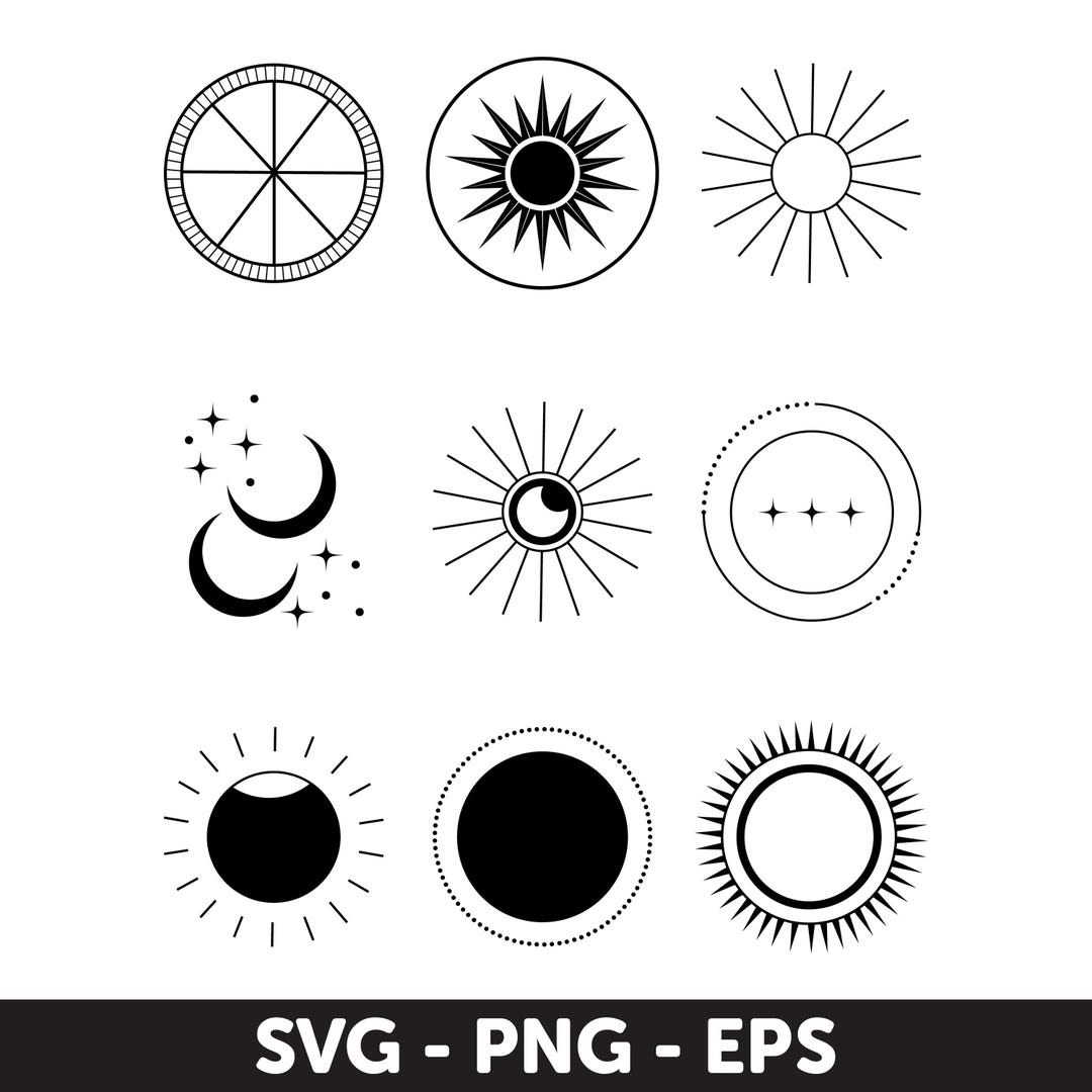 Celestial Sun and Moon Icons Set - SVG, PNG, EPS Formats, Circle Frame ...