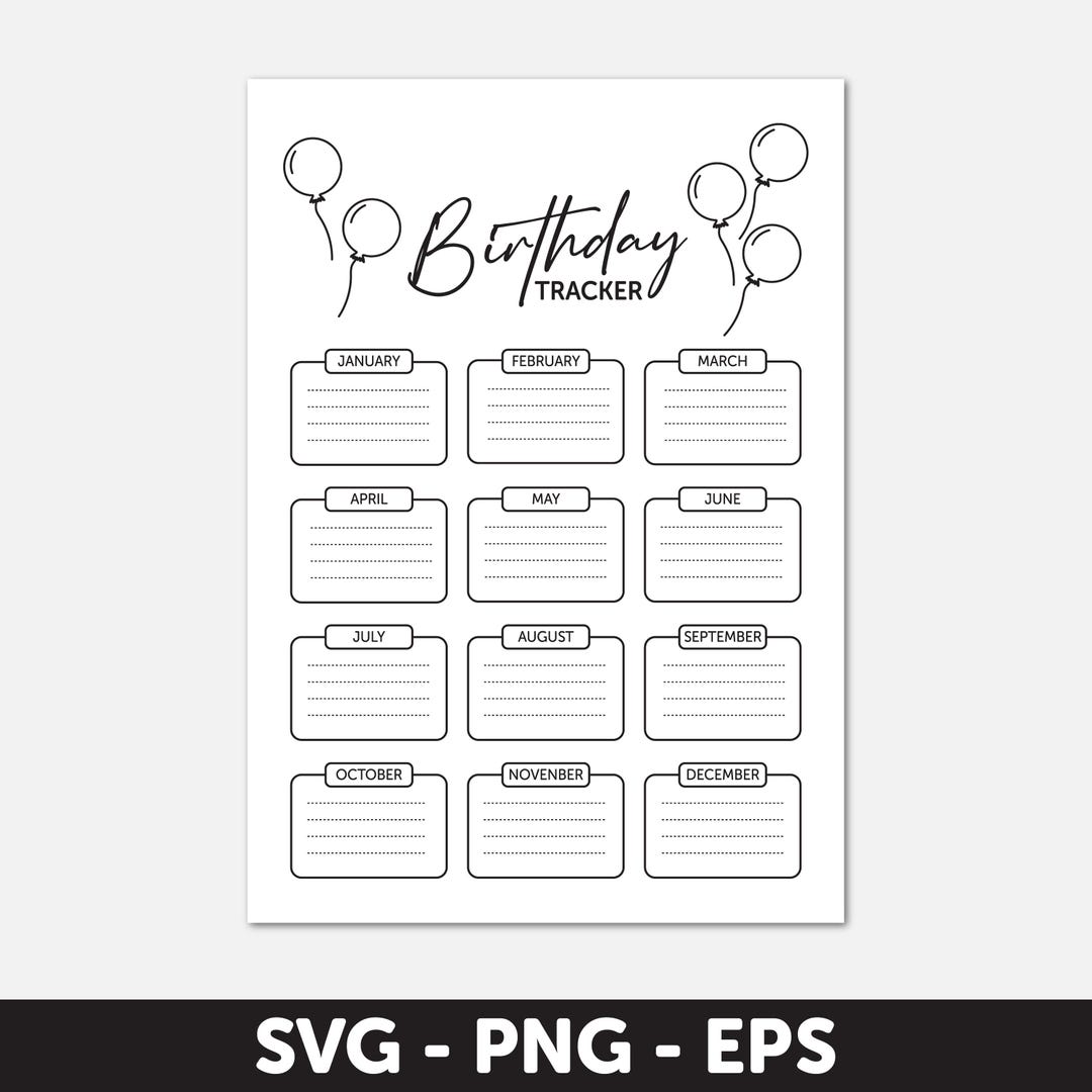 Printable Birthday Tracker SVG, Digital Birthday Calendar Template SVG ...