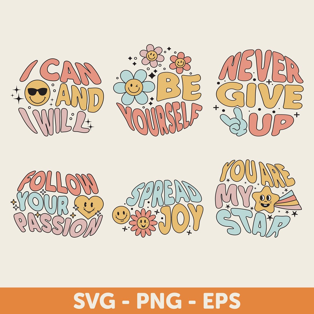 Positive Quotes Colorful, Retro Motivational Quotes SVG Bundle ...