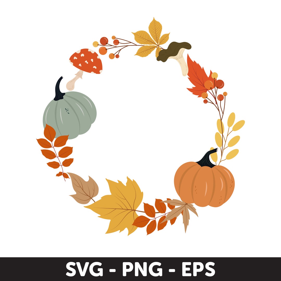 Autumn Wreath SVG, Fall Pumpkin and Leaves Clipart, Digital Download ...