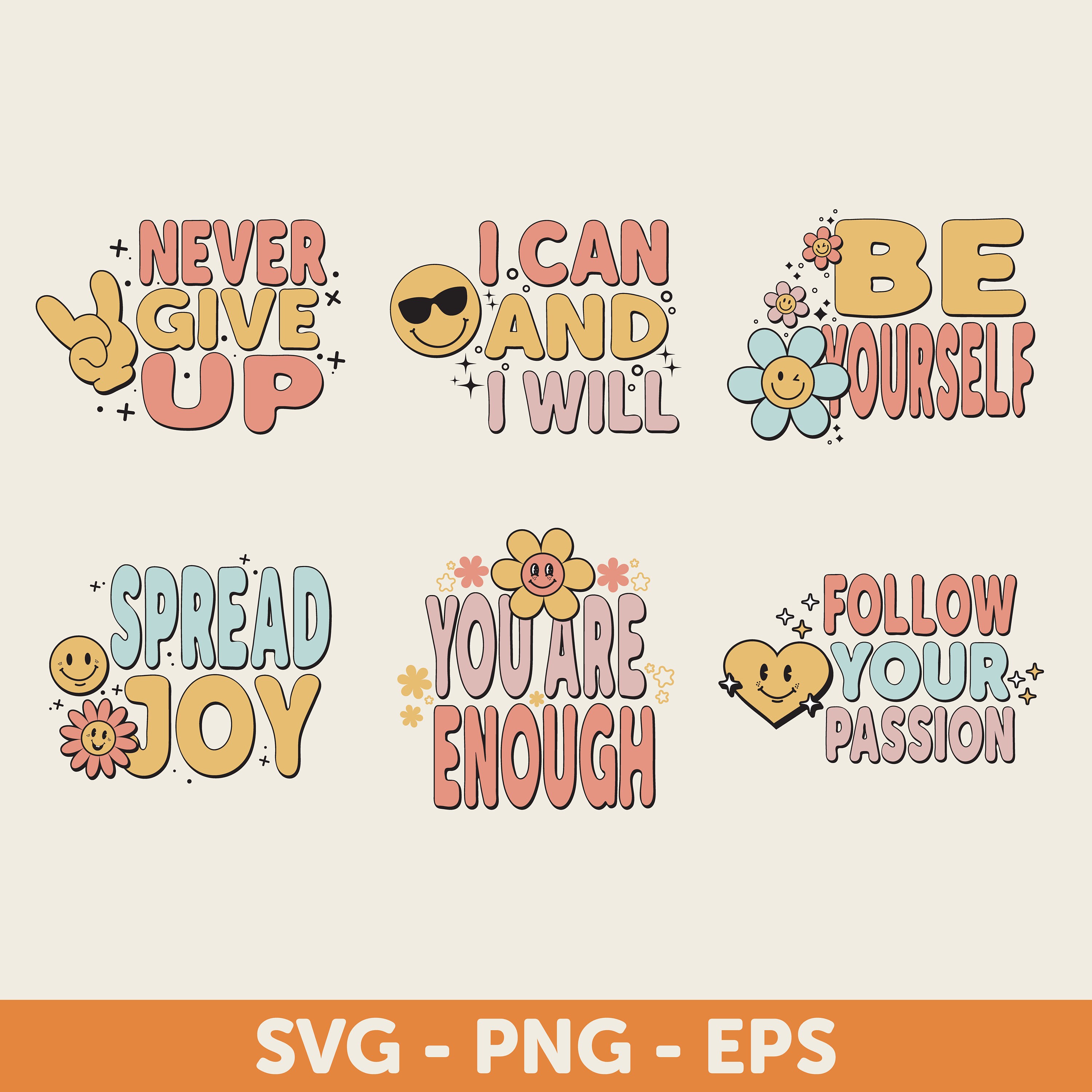 Groovy Motivational Quotes SVG Bundle, Retro 70s Style, Mental Healthy ...