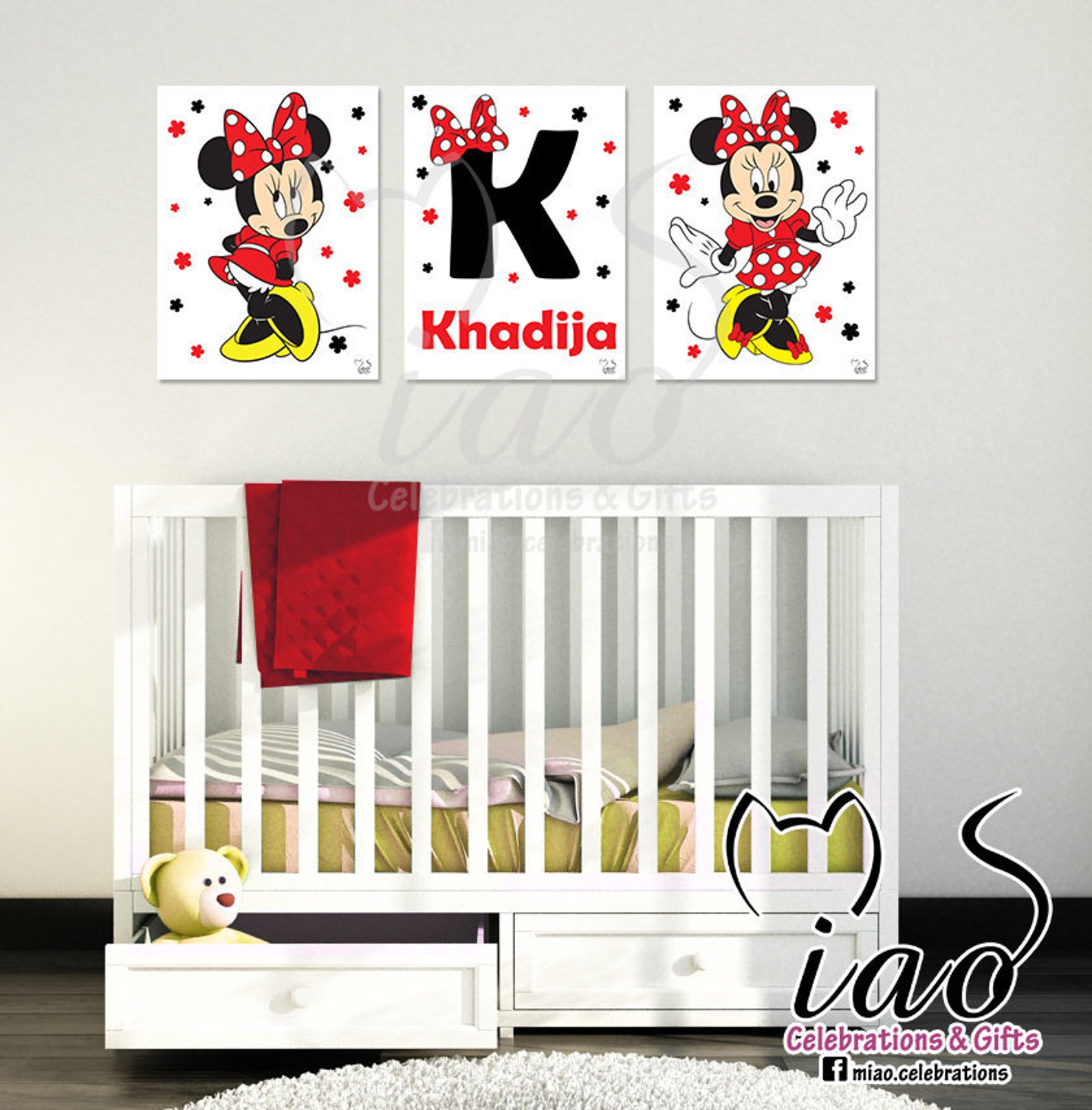 Customized Minnie Mouse Wall Art, Minnie Mouse Print, Red Minnie Decor ...