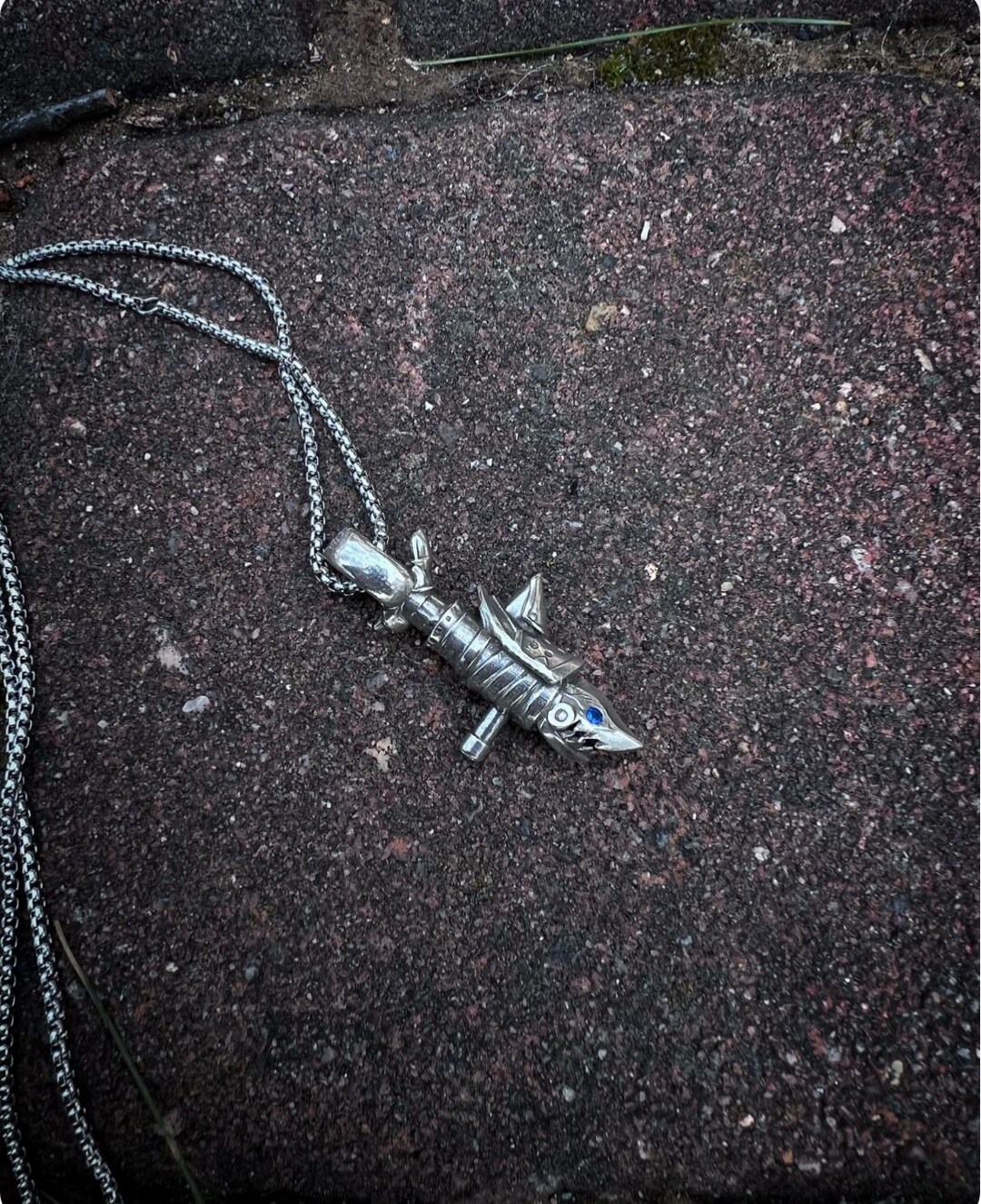 Fish Bones Shark Hex Weapon Pendant, Sterling Silver and Blue Sapphire ...