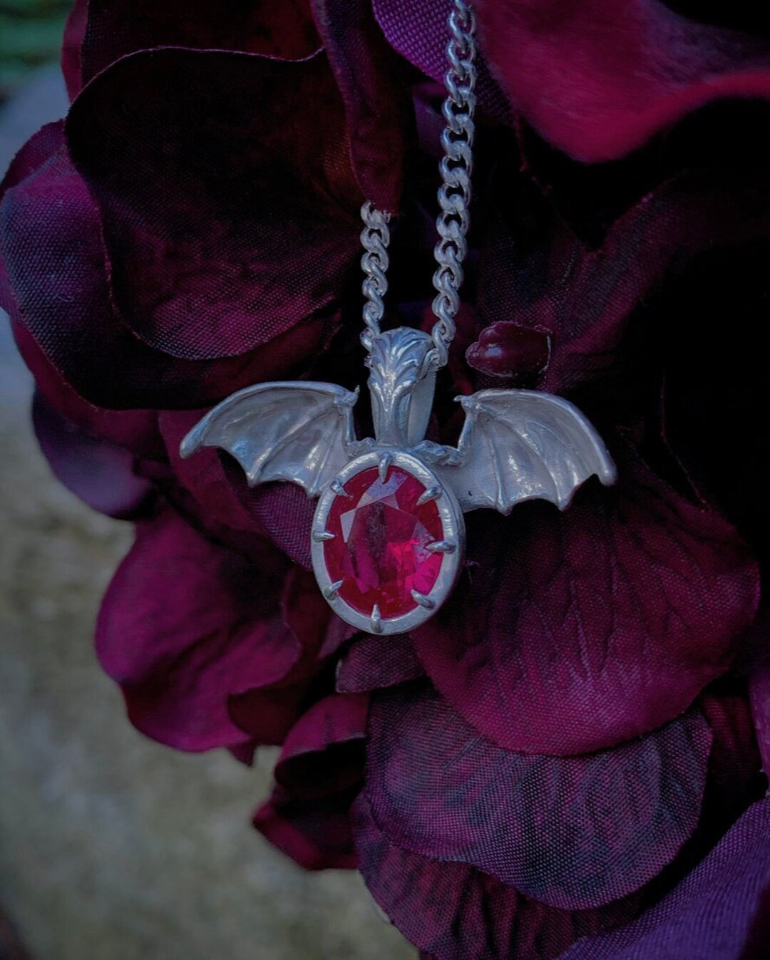 Nosferatu Carmilla Vampire Pendant, Bat Winged Silver With Ruby ...