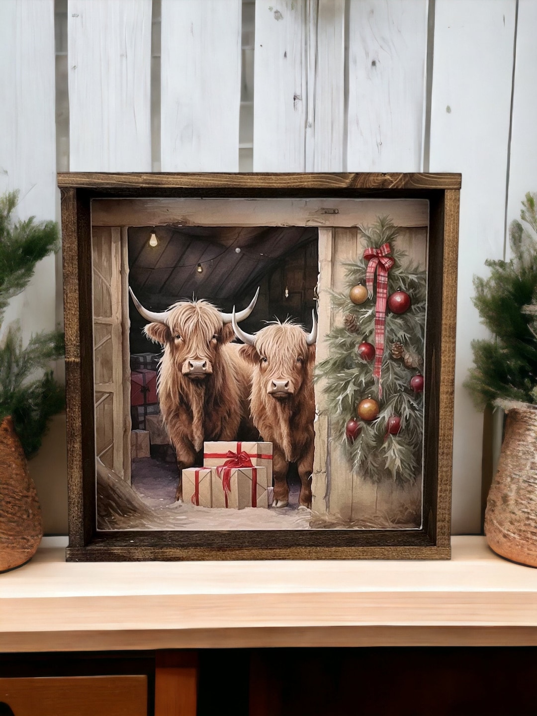 Christmas Highland Cow Wood Sign, Country Christmas Decor, Rustic ...