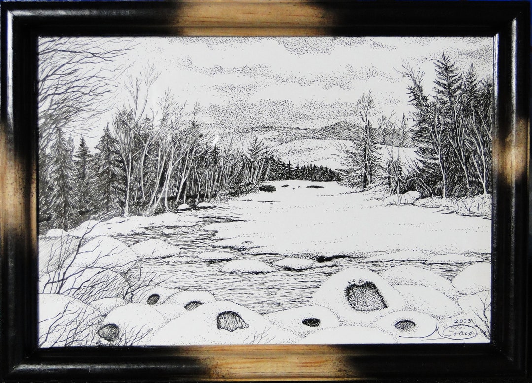 Framed Original Pen and Ink Drawing of Trees and Snow, Great Gift Item ...