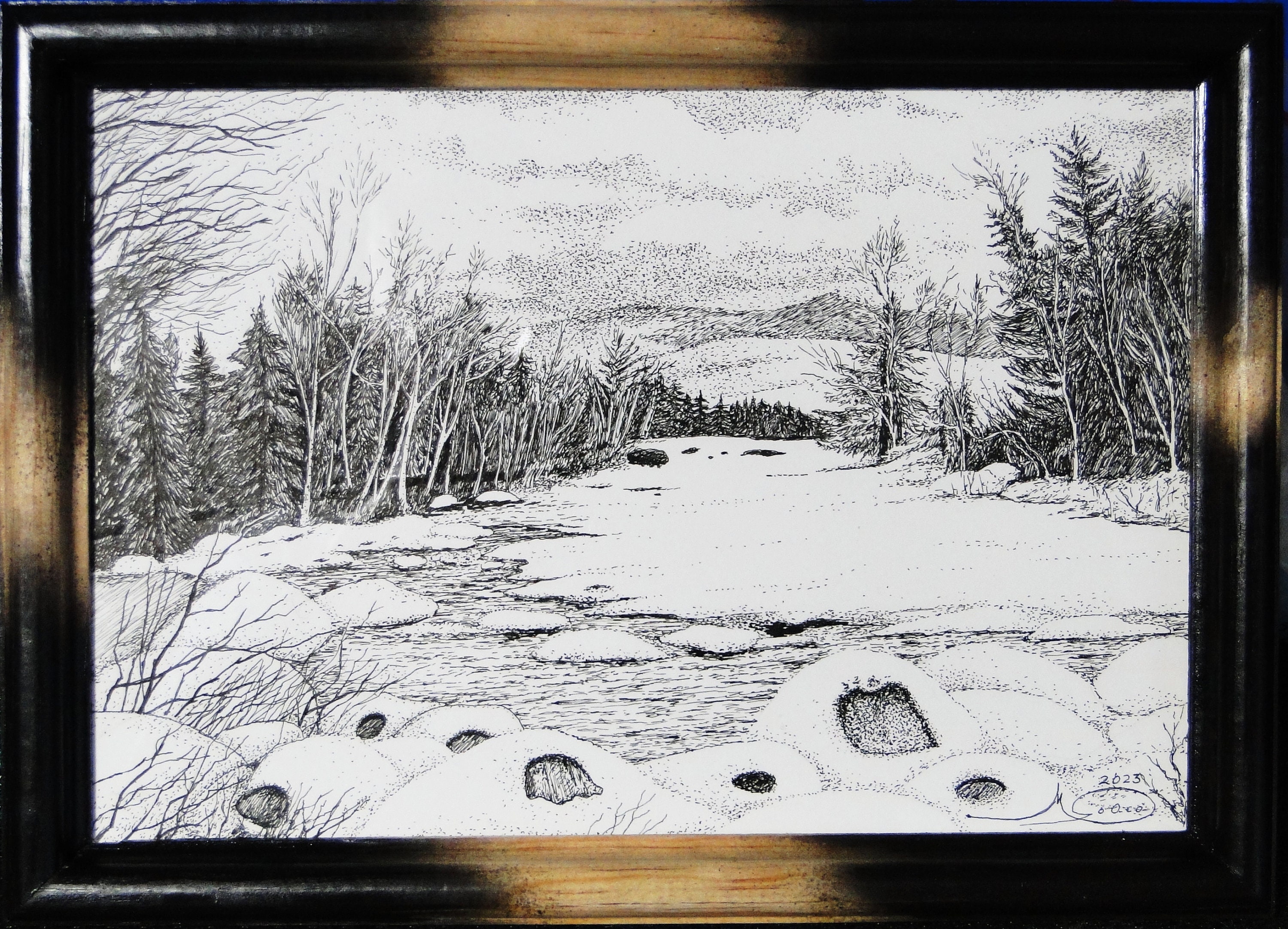 Framed Original Pen and Ink Drawing of Trees and Snow, Great Gift Item ...
