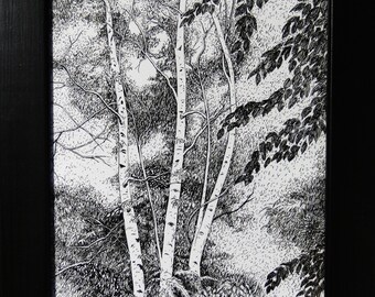 Framed Original Pen and Ink Drawing of Trees and Snow, Great Gift Item ...
